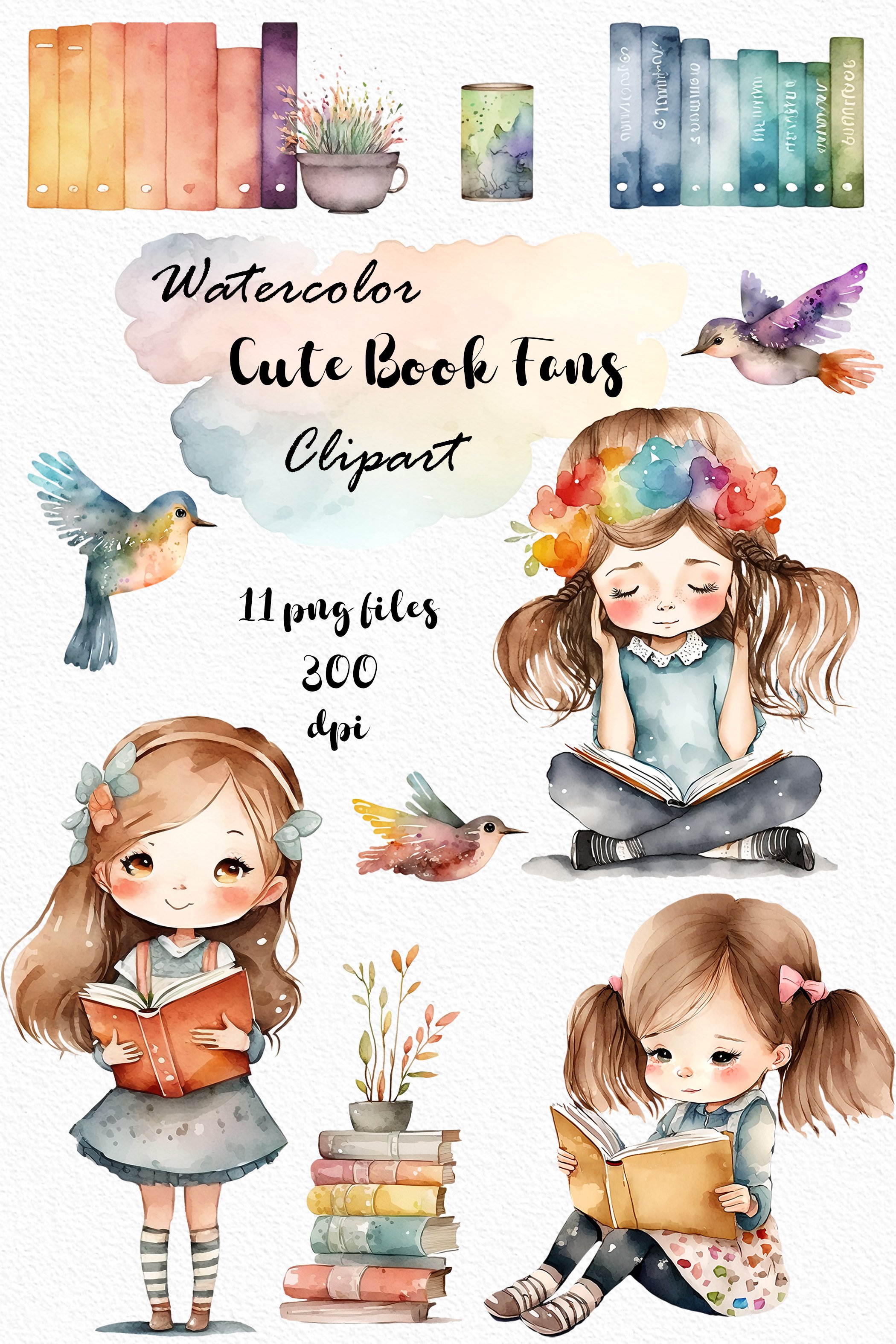 Watercolor Clipart of Cute Little Girls Reading Books