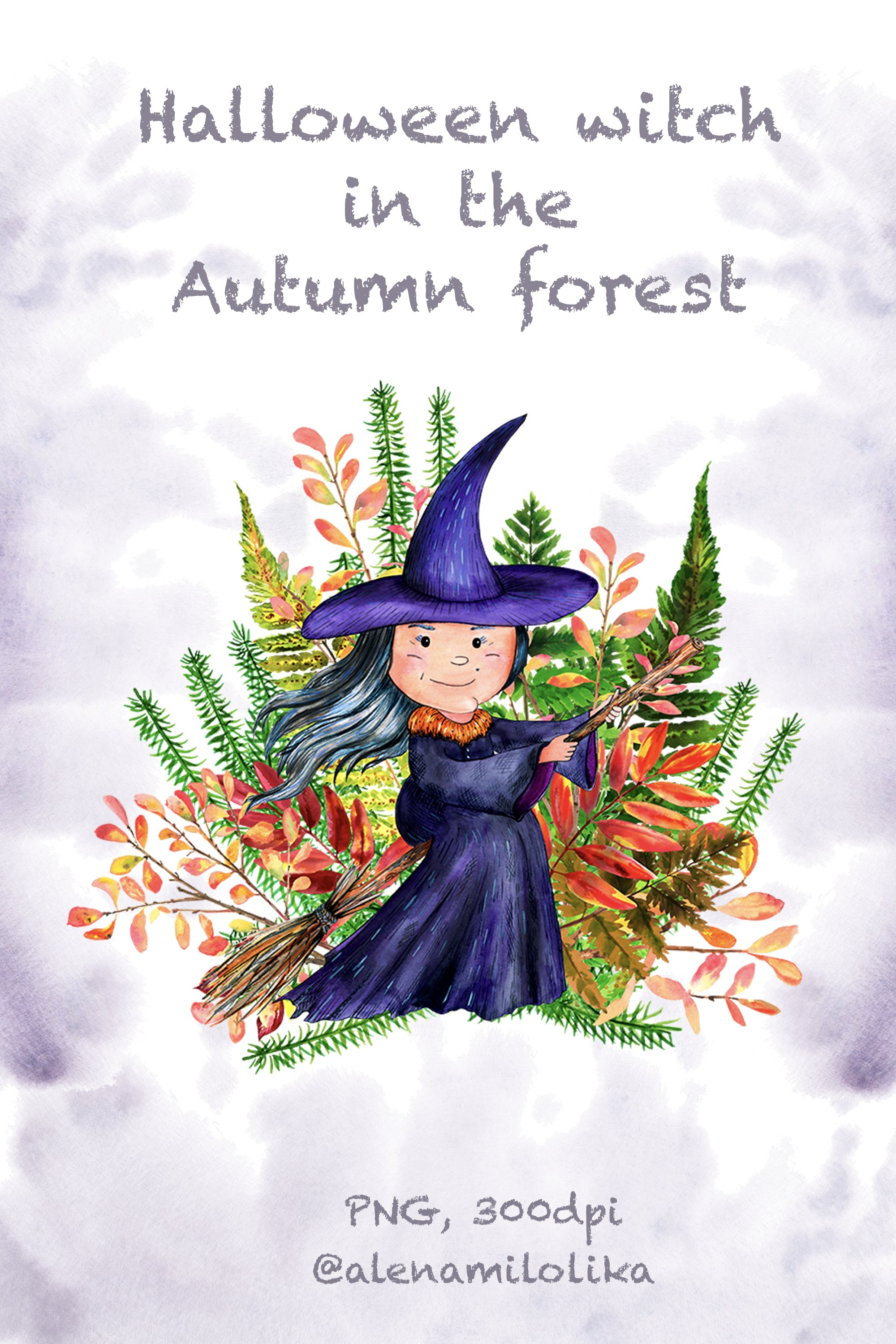 Watercolor witch in the autumn forest. Halloween