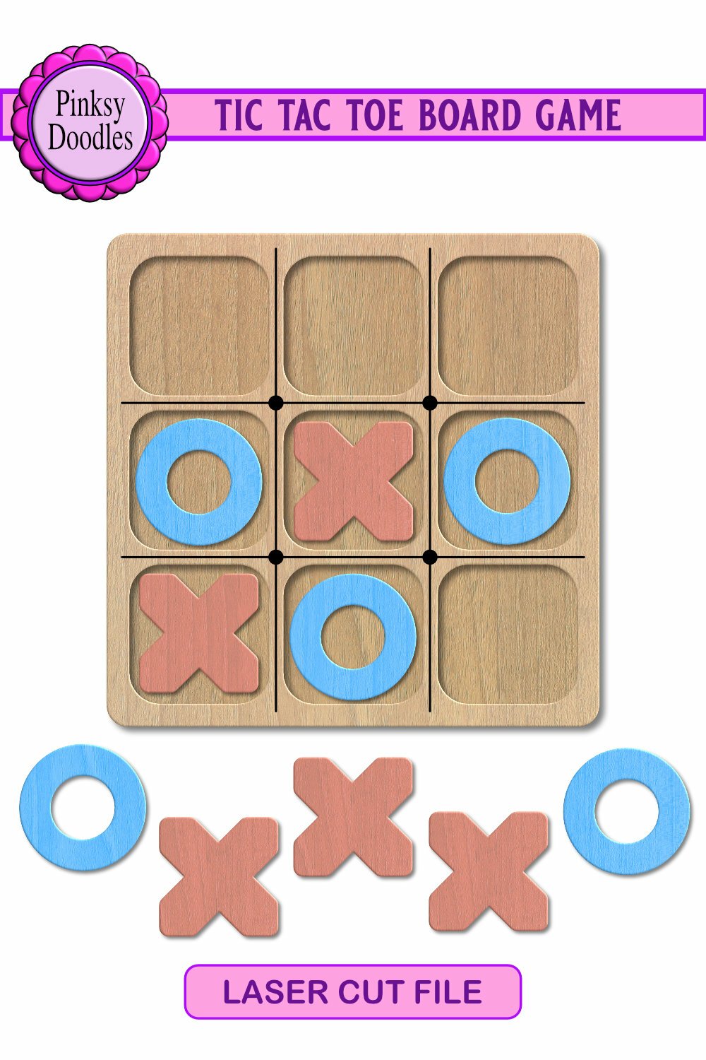 Tic Tac Toe game board nought & cross counters Laser cut