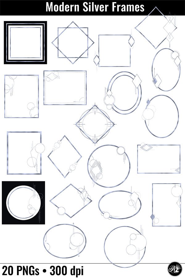 20 Modern Silver Frames for cards, invitations, social media