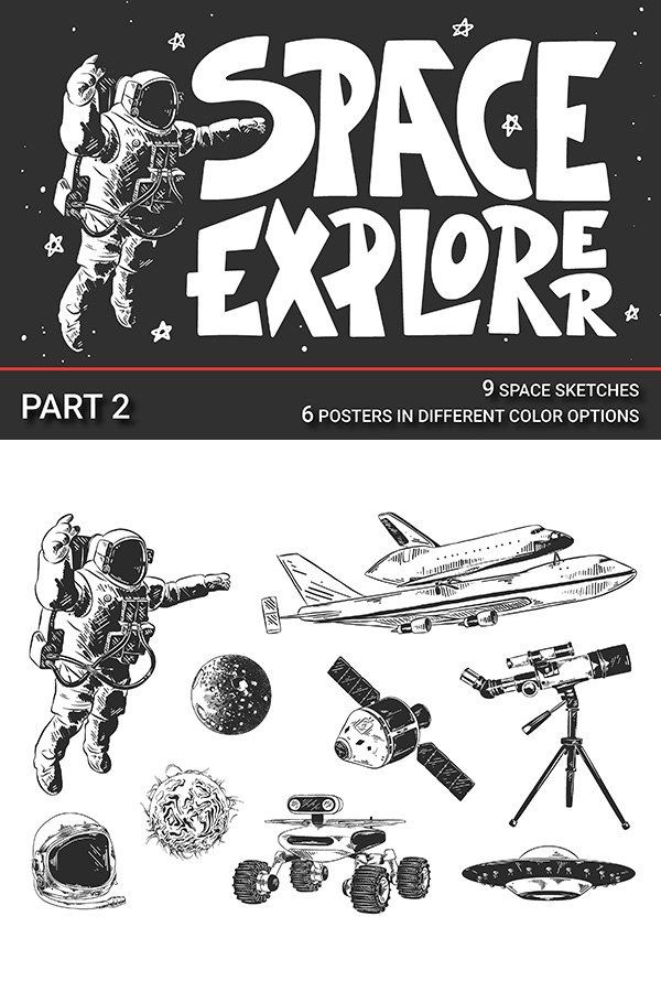 Space sketches and posters set