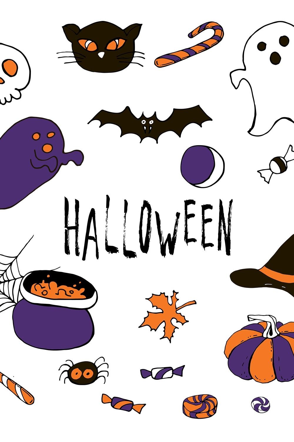 Halloween hand drawn purple and orange doodle set. PNG, SVG