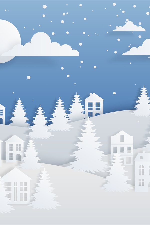 Paper craft winter background. Christmas landscape with cart