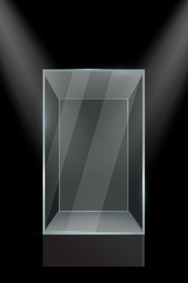 Showcase glass. Plastic empty box under spotlights isolated,
