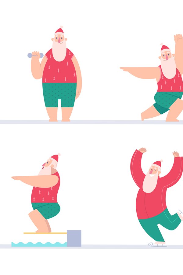 Active santa. Sport fairytale characters santa making exerci
