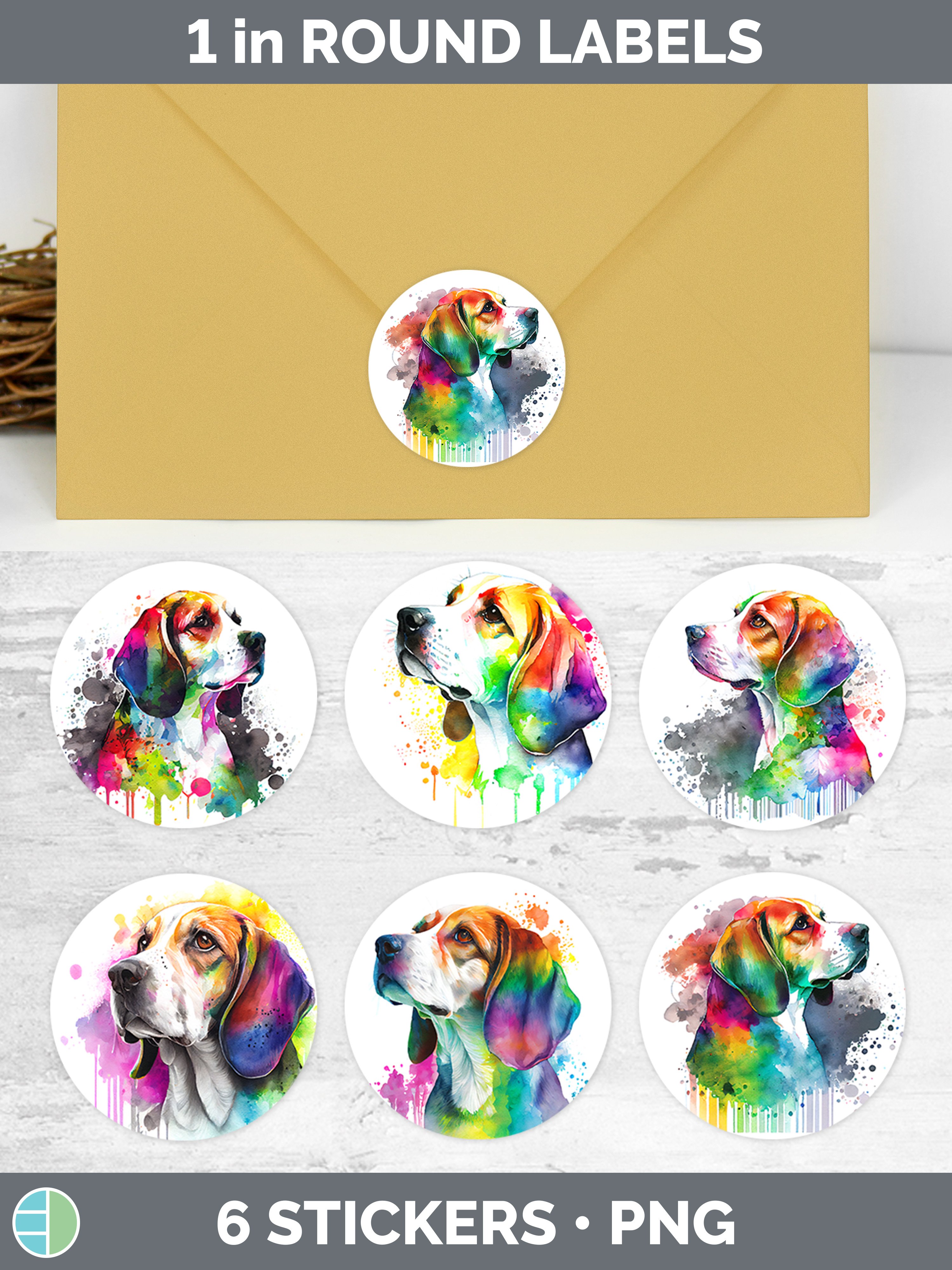 Rainbow Beagle Dog Stickers | Round Labels Designs Bundle