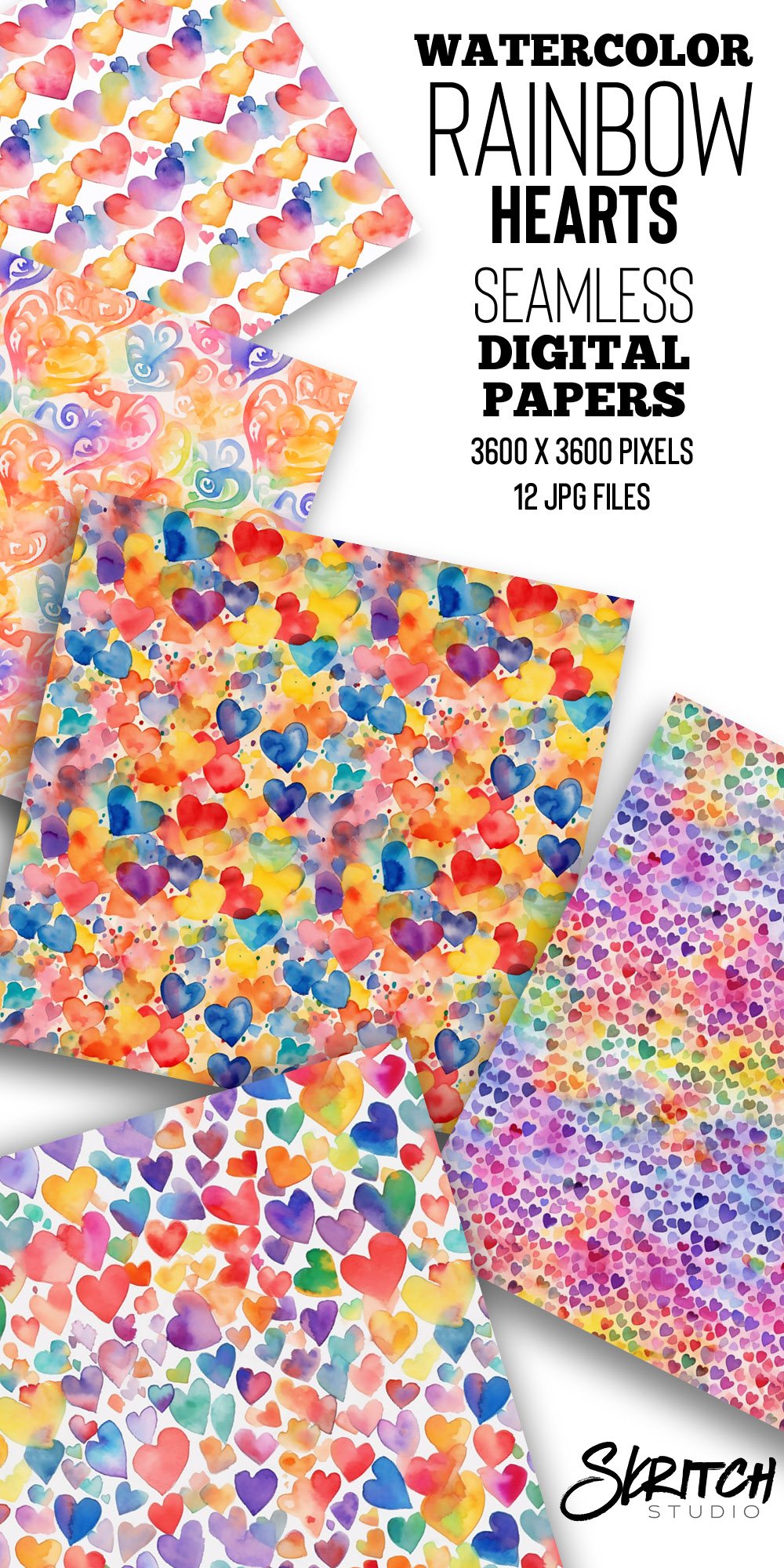 Watercolor Rainbow Hearts Digital Paper Bundle Download