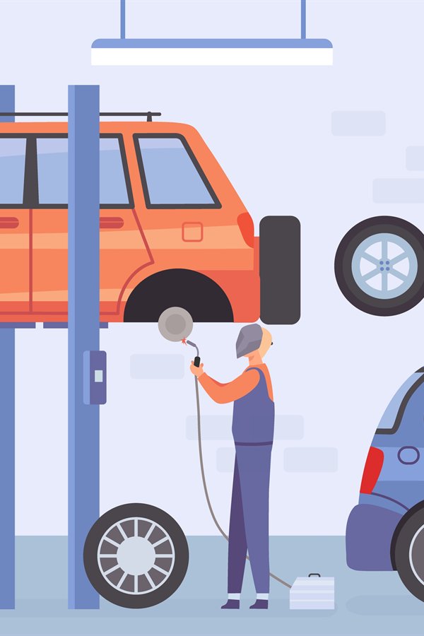 Car repair workshop. Auto service interior with mechanic wor