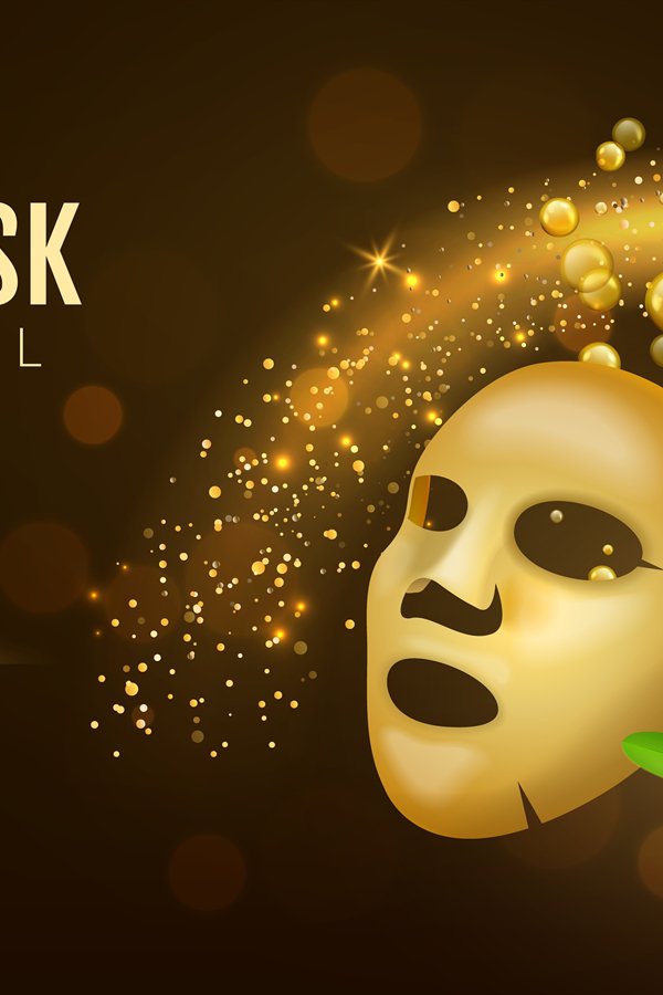 Cosmetics facial mask. Realistic 3D beauty golden face cover