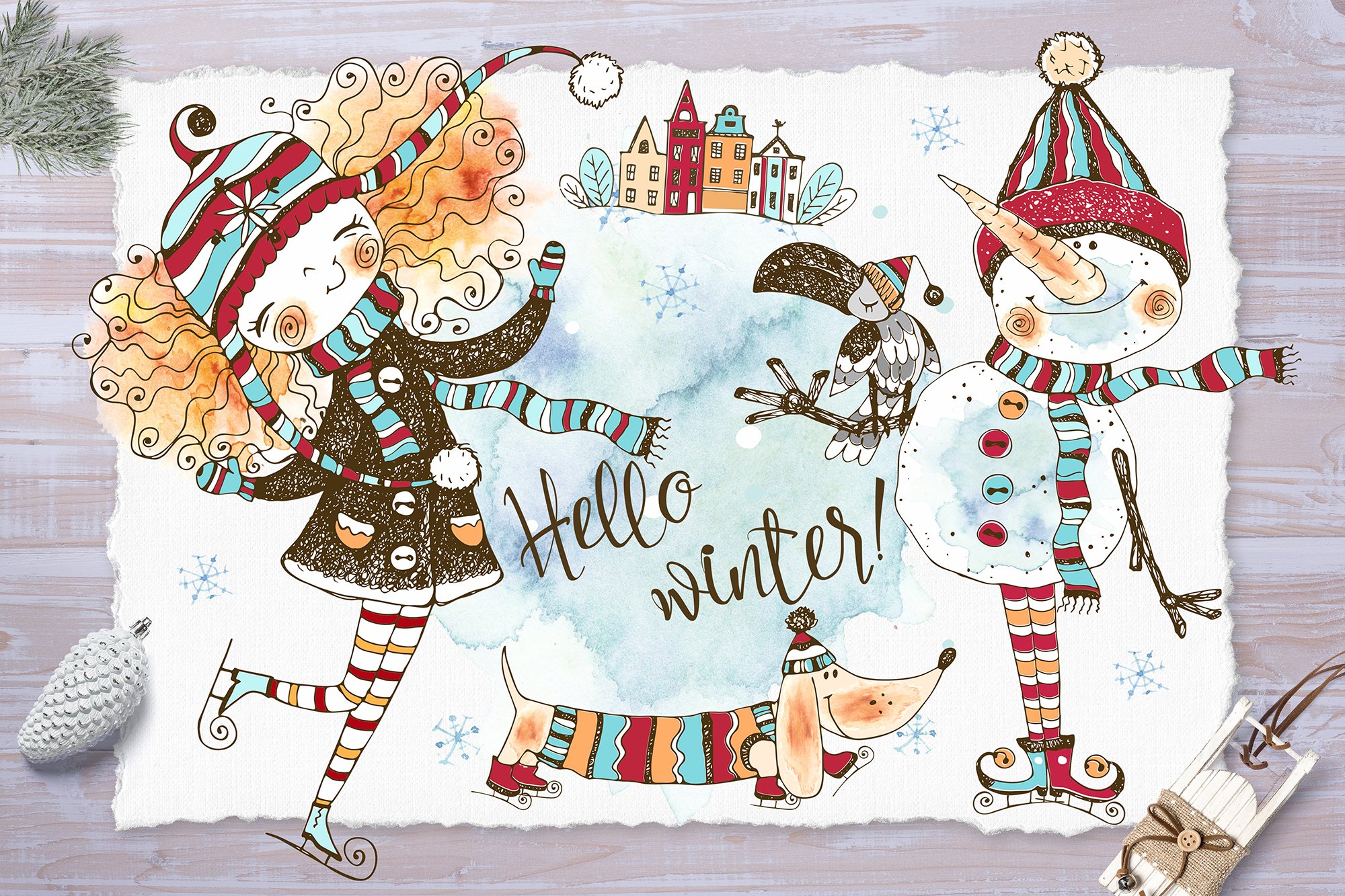 Hello winter. Watercolors and graphics. (913904)