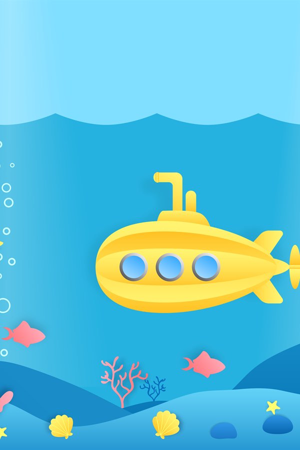 Paper cut submarine. Underwater ocean landscape with fish, s