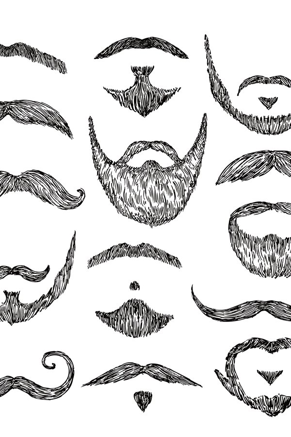 Sketch mustache. Drawing facial hair. Isolated patch mustach