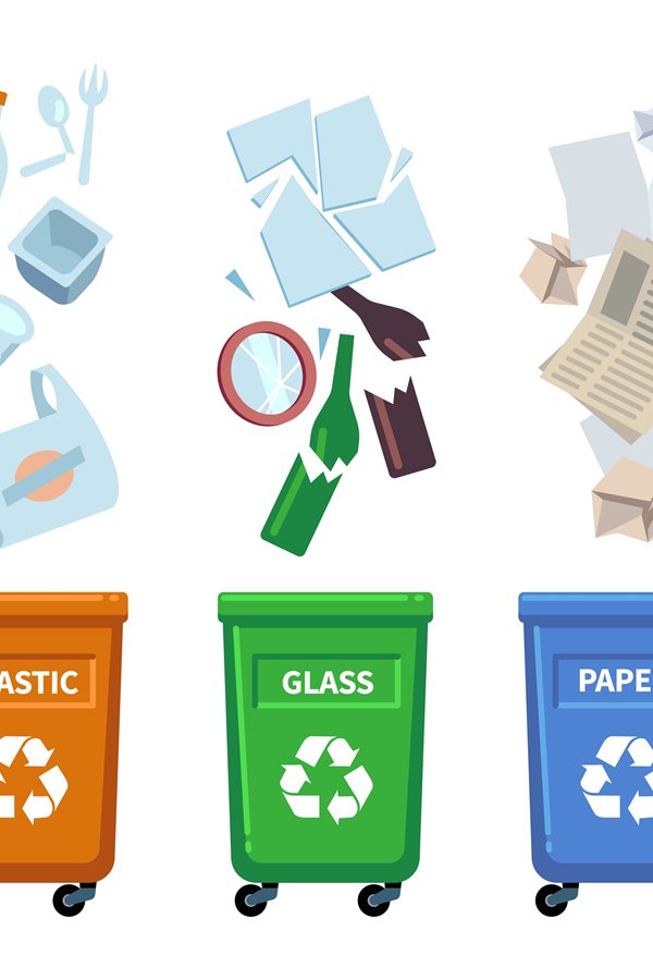 Trash bins. Different types containers for waste sorting. Se