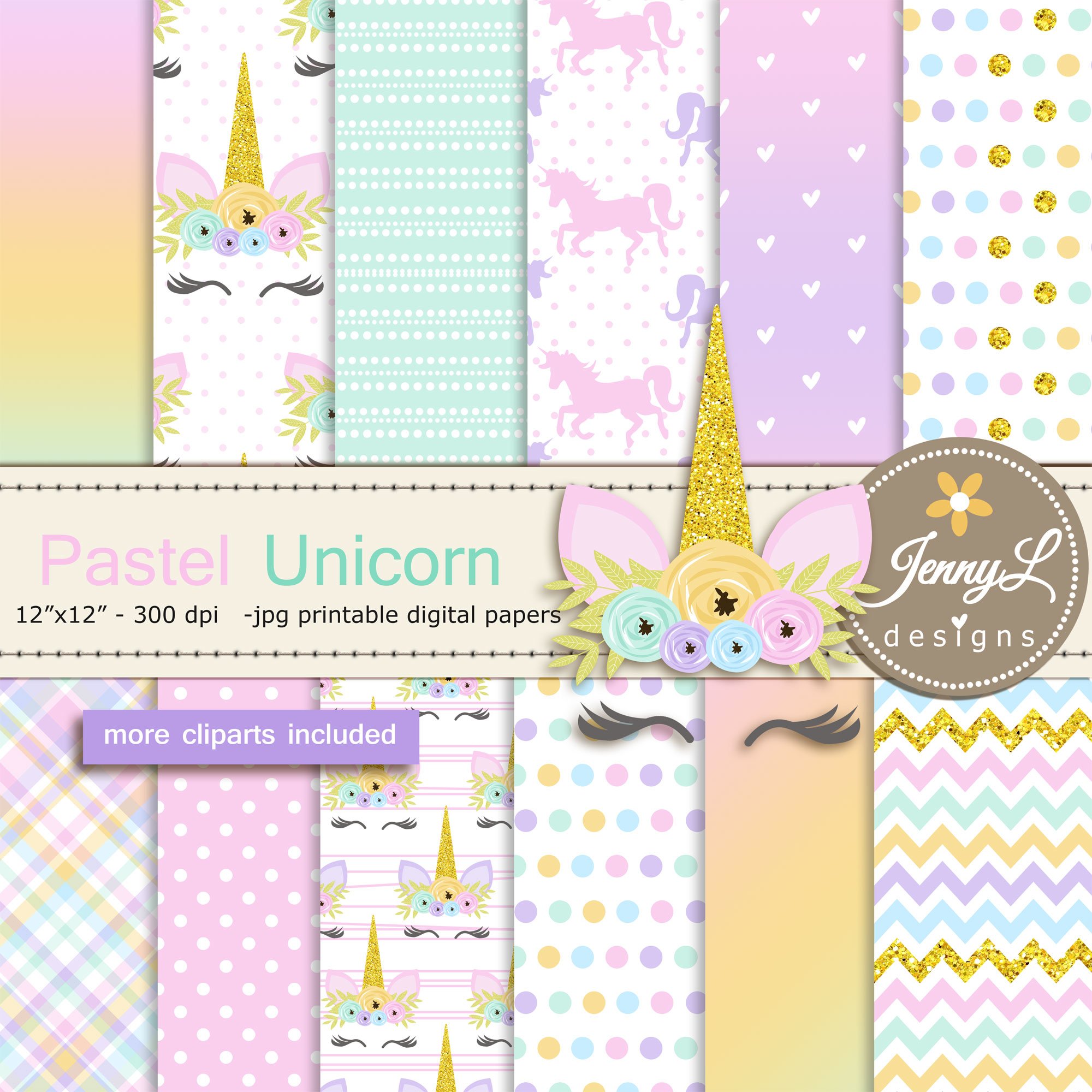 Pastel Unicorn Faces Digital Papers and Unicorn Clipart SET