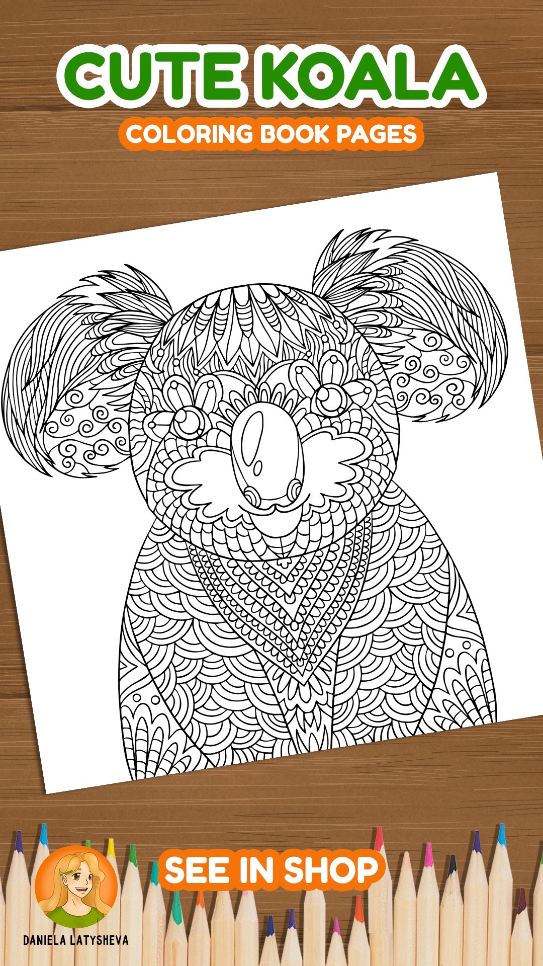 Funny Australian koala coloring book page PNG JPEG