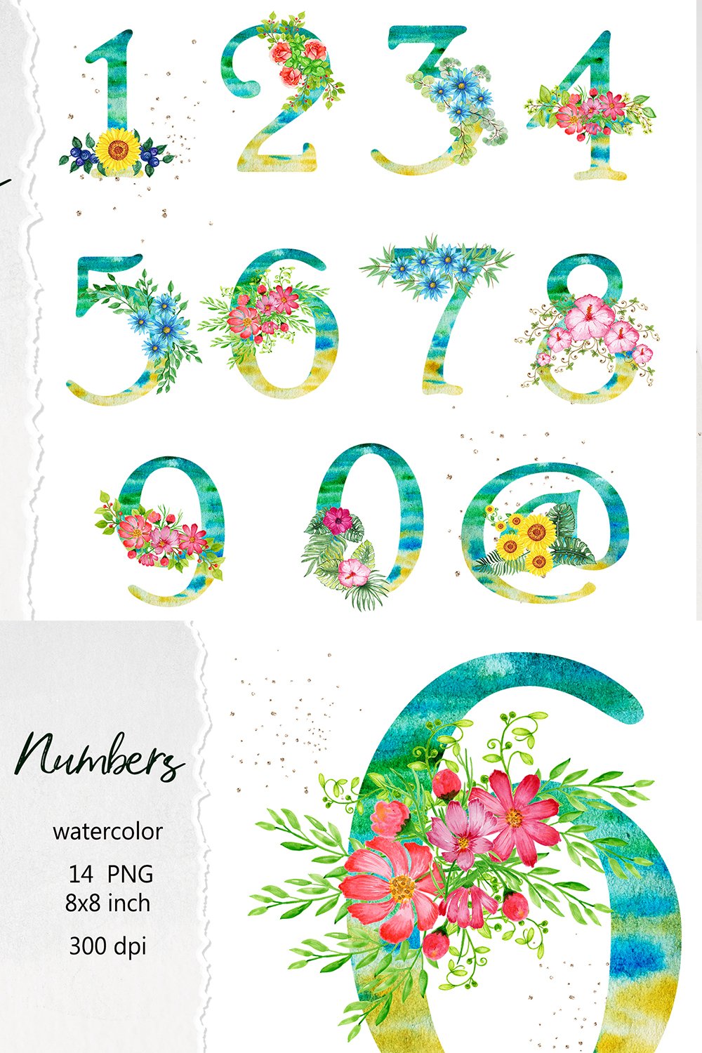 Number Watercolor Flowers number, Sublimation PNG (2063449)