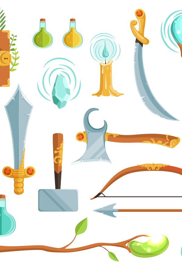 Vector set of fantasy magic weapons. Illustrations for compu
