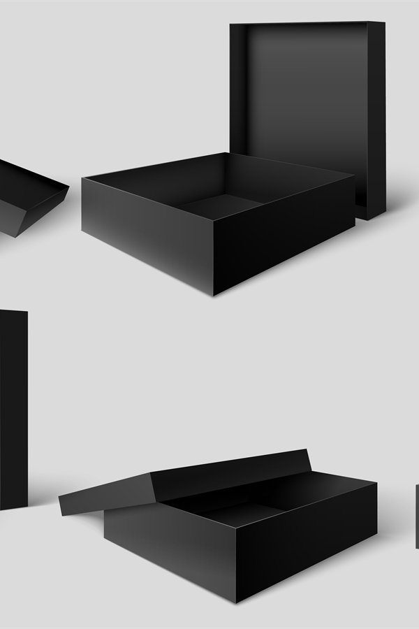 Black packaging box. Open and closed dark boxes, cardboard p