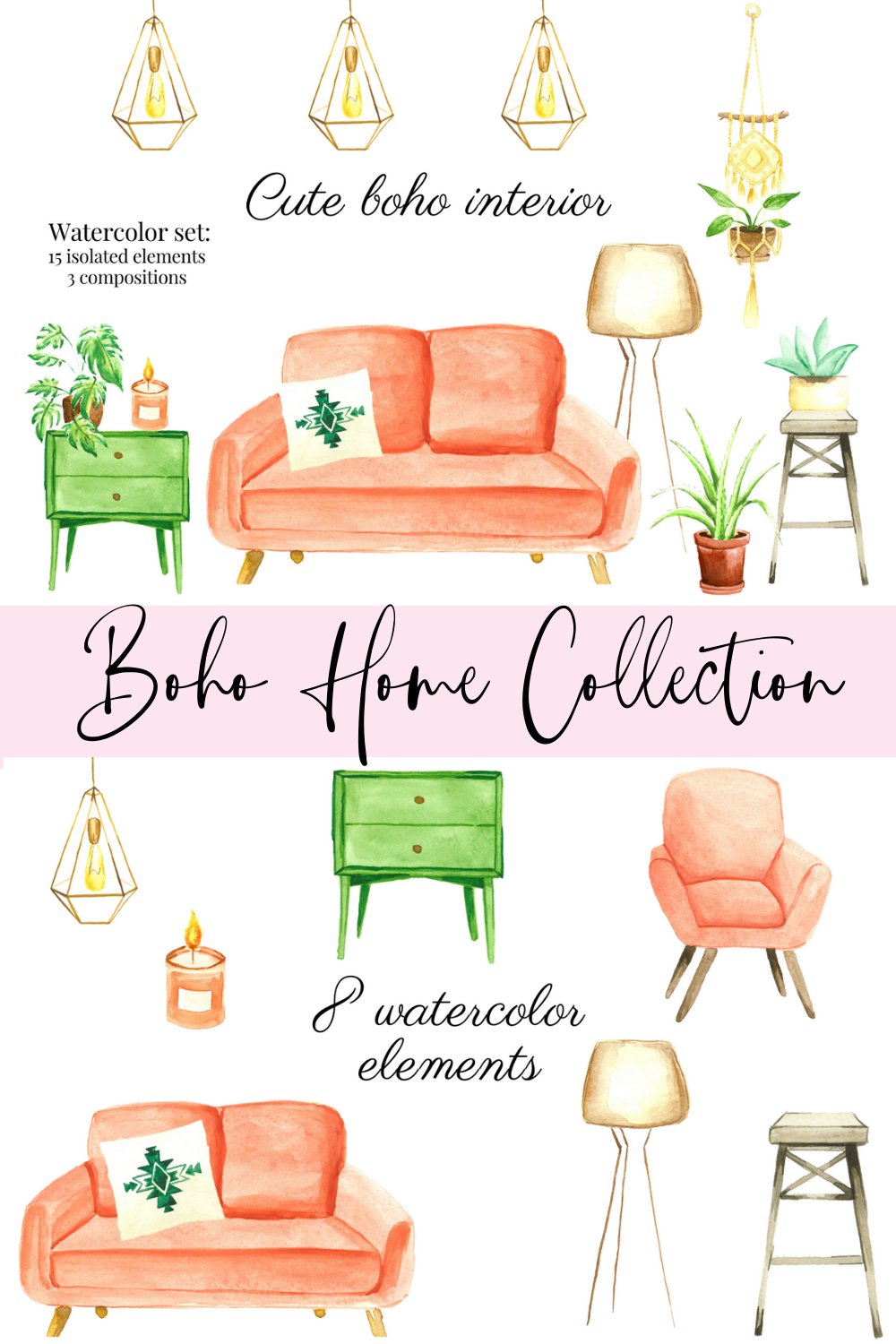 Bohemian Interior, Watercolor Home Decor Set (2474604)