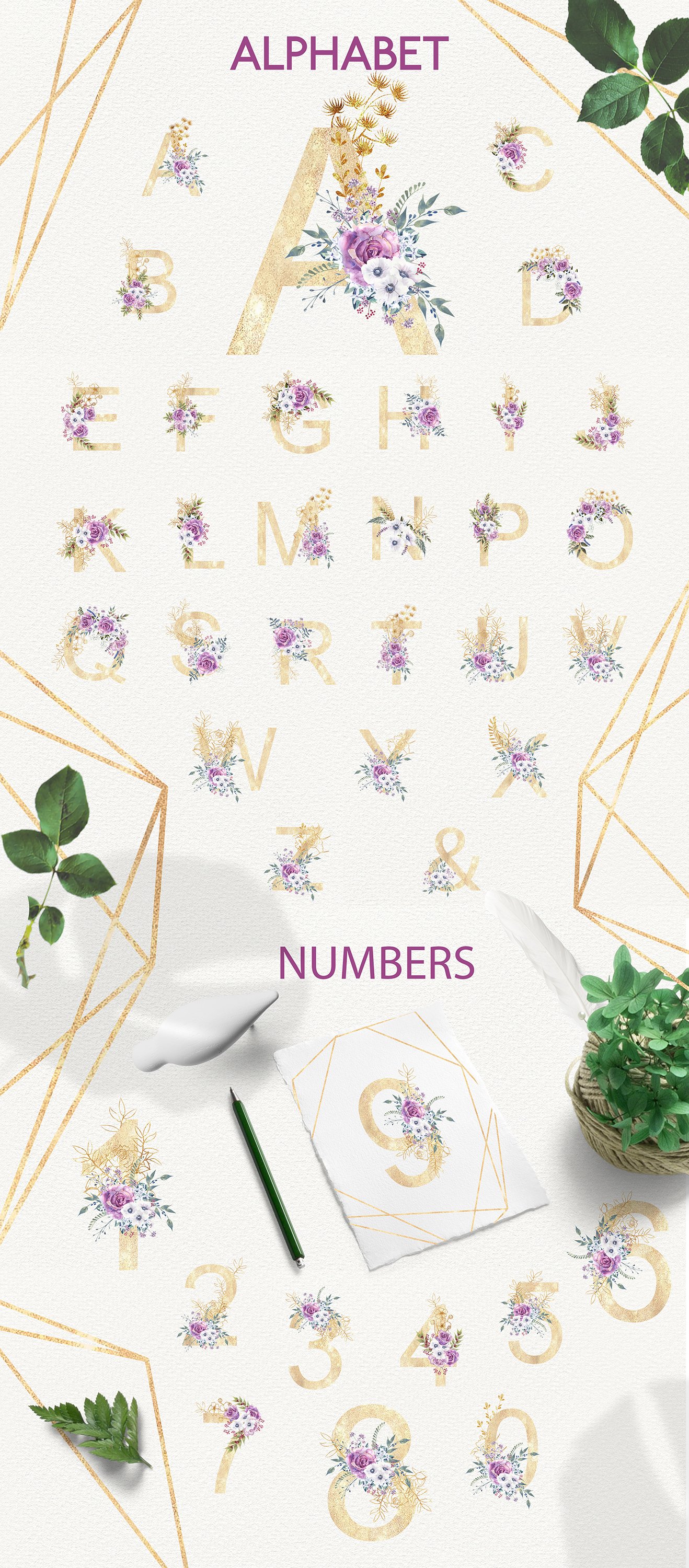 Alphabet and Numbers Watercolor Flowers (1861867)