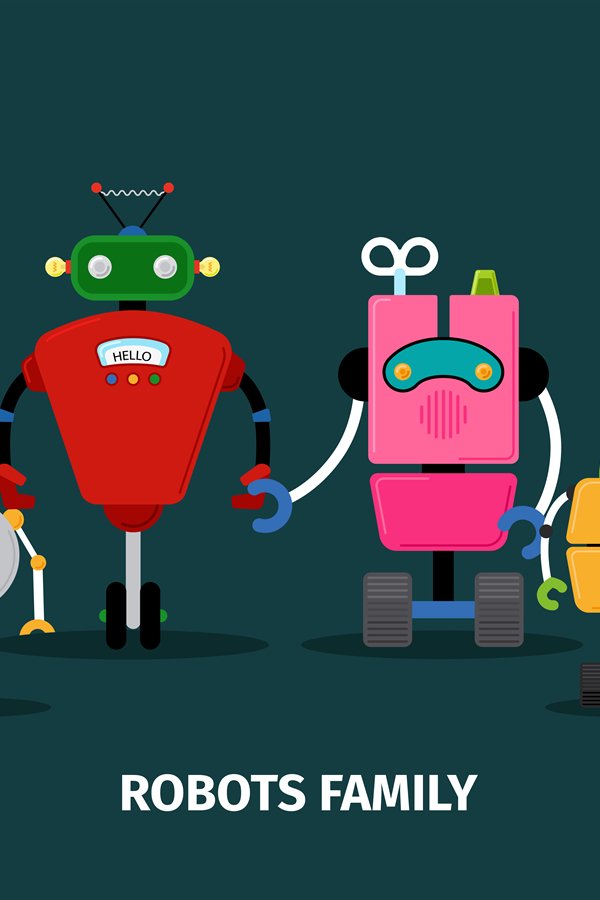 Robots family with kids