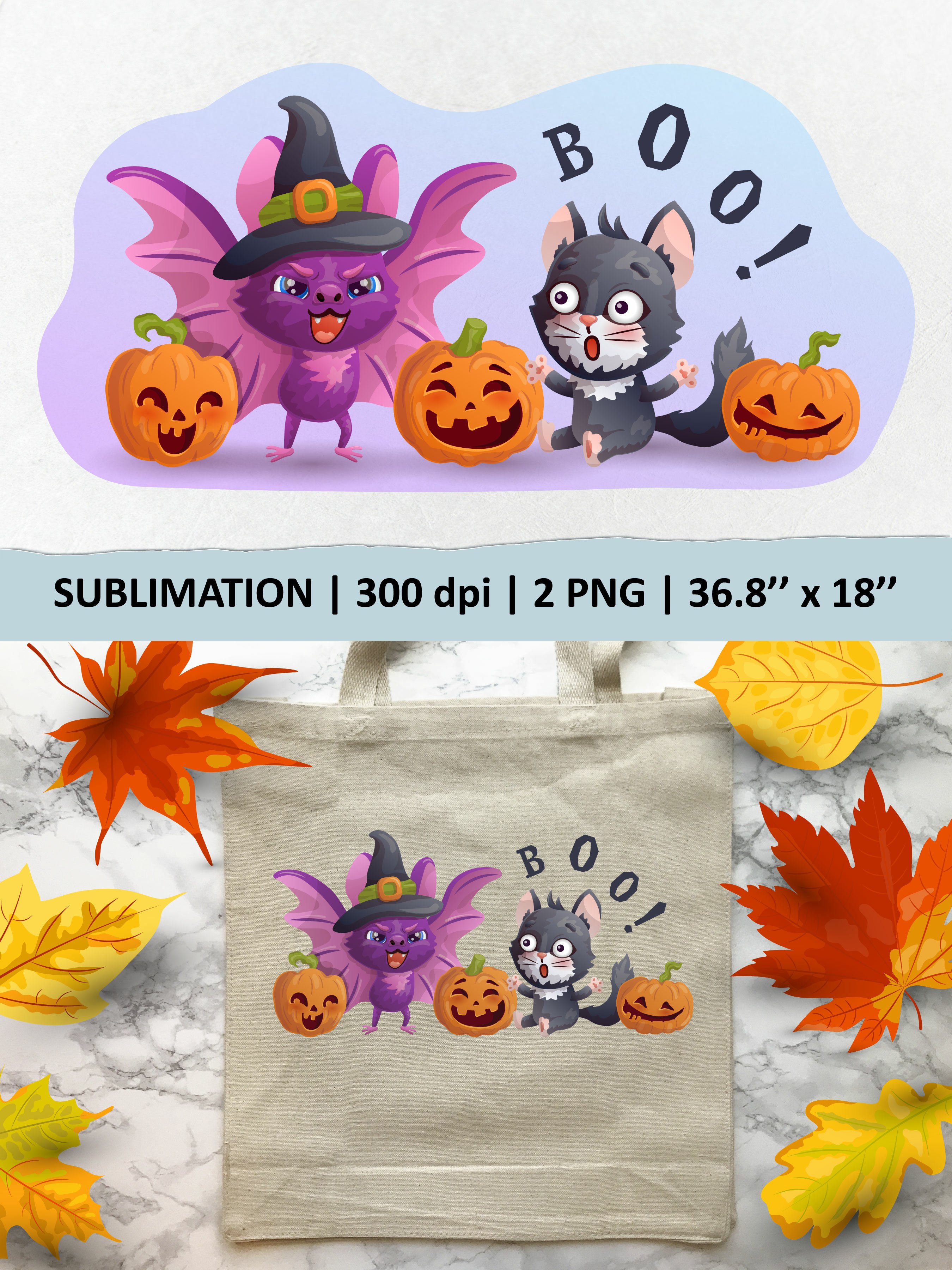 Bat scares cat. Halloween sublimation design. 2 PNG files.