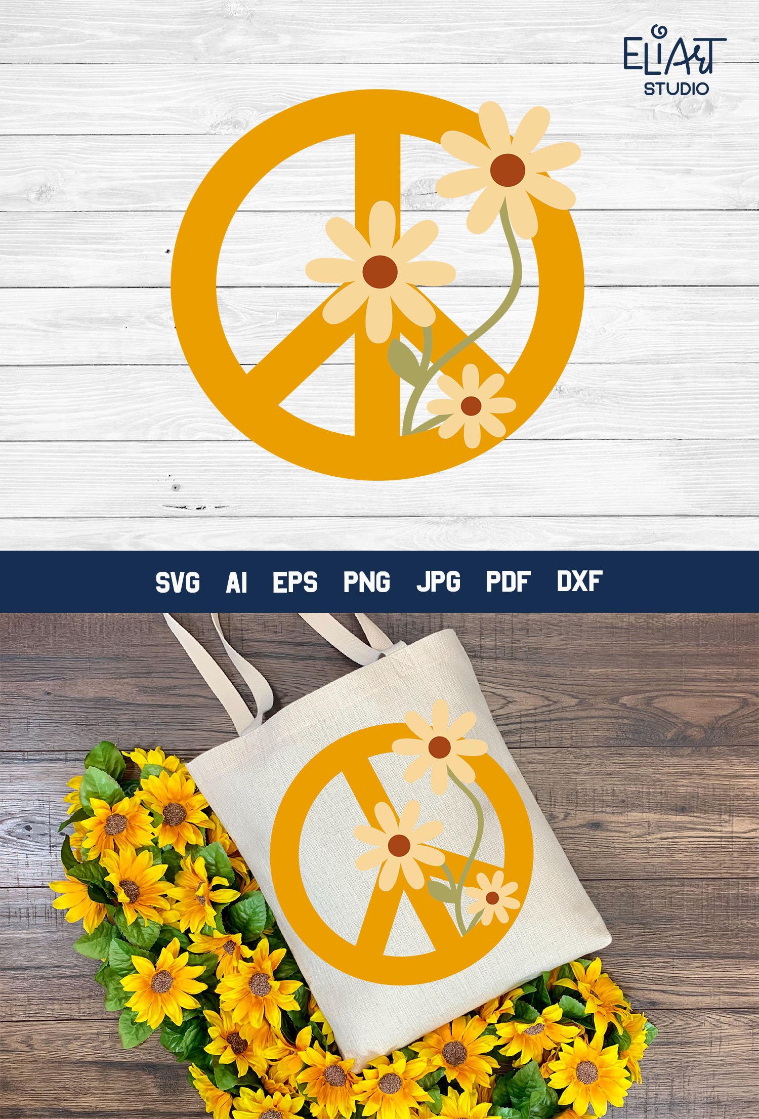 Groovy Peace Sign SVG | Hippie PNG Floral Illustration
