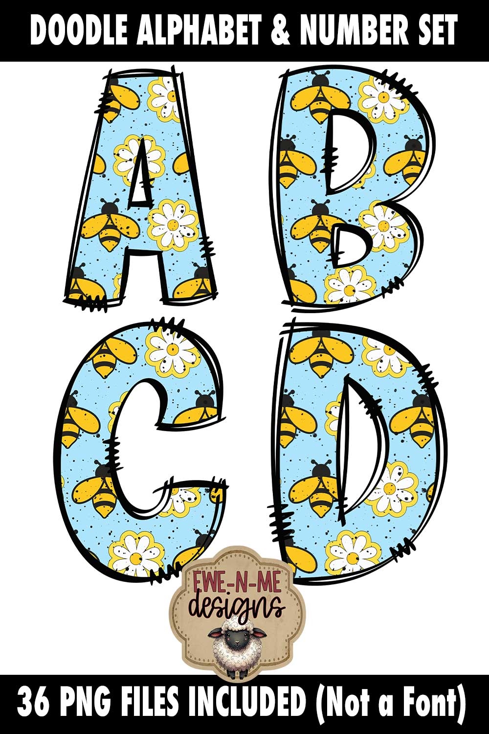 Blue Bees Doodle Alphabet Numbers | Bees Flowers PNG Files
