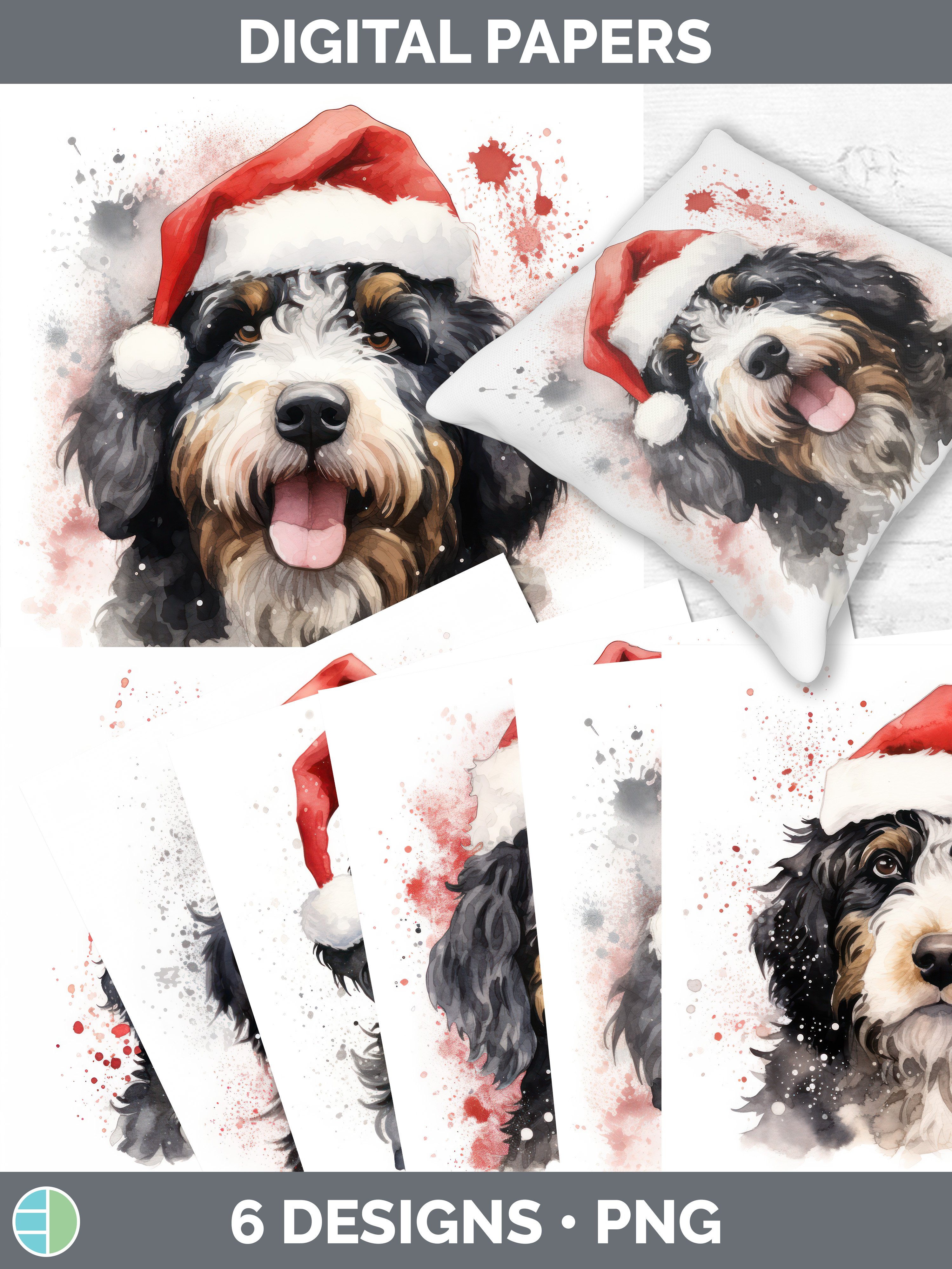 Christmas Santa Hat Bernedoodle Dog Paper Backgrounds | Digi