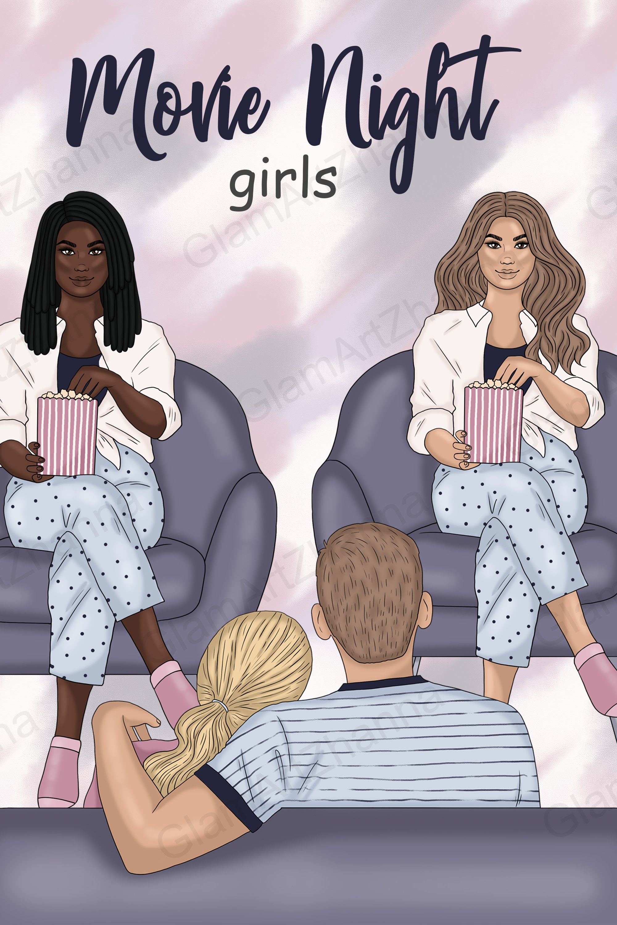 Movie Night GIRLS Chill Illustration Planner Stickers - PNG