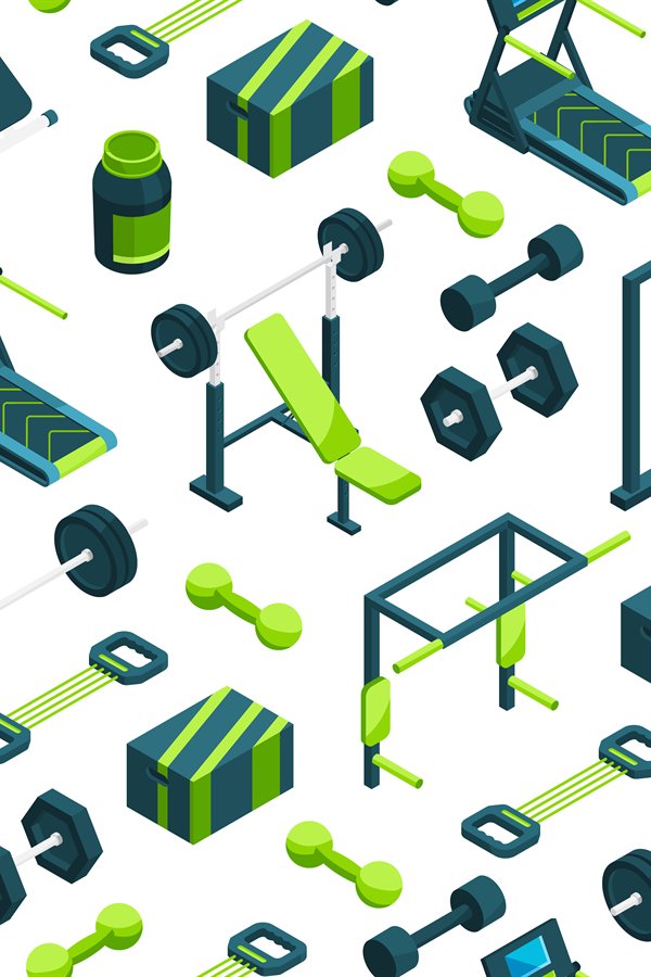 Vector isometric gym objects background or pattern illustrat