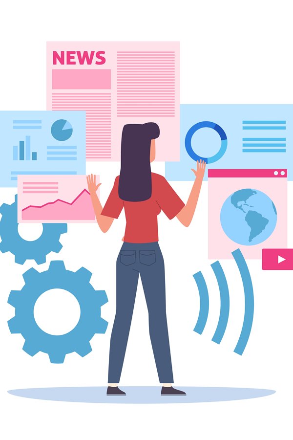 Selection of Internet resources. Woman choosing websites. Ca