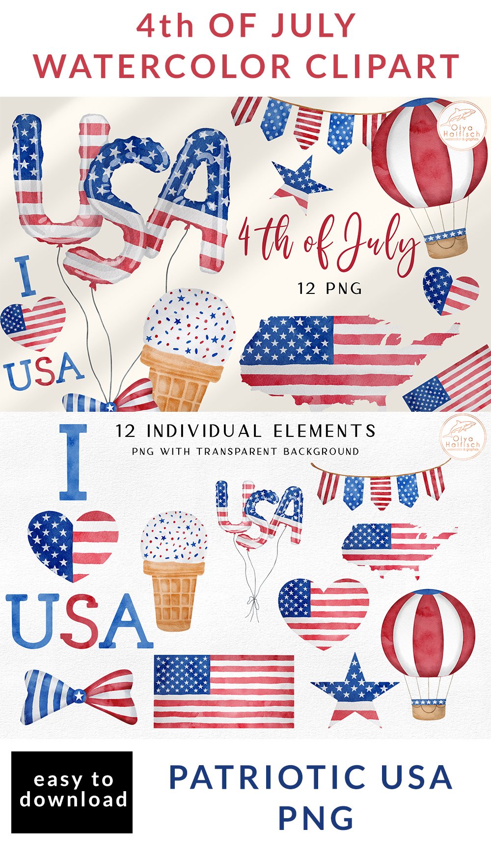 4th of July Clipart. Watercolor American Patriotic PNG