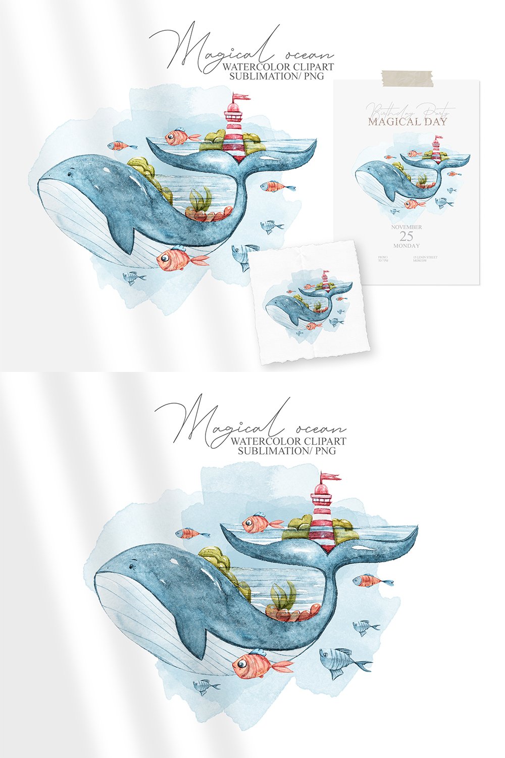 Whale clipart. Watercolor nursery whale (1007821)