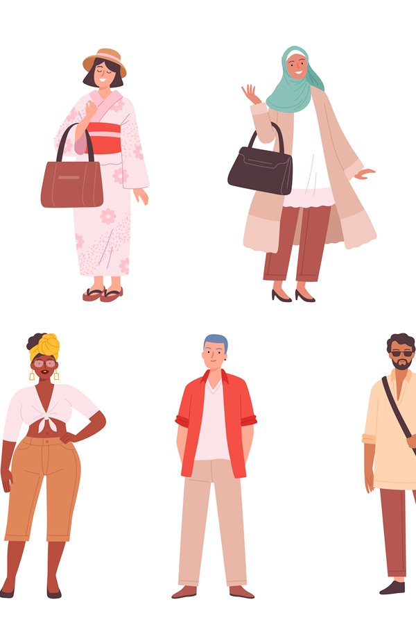 Multiracial characters. Fashioned outfit person various clot
