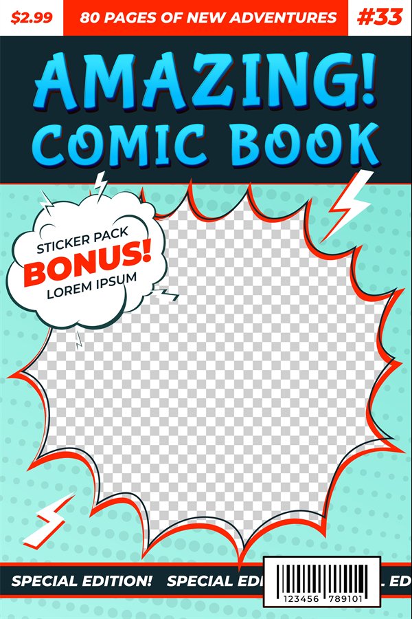 Comic book cover. Comics template, funny image magazine card