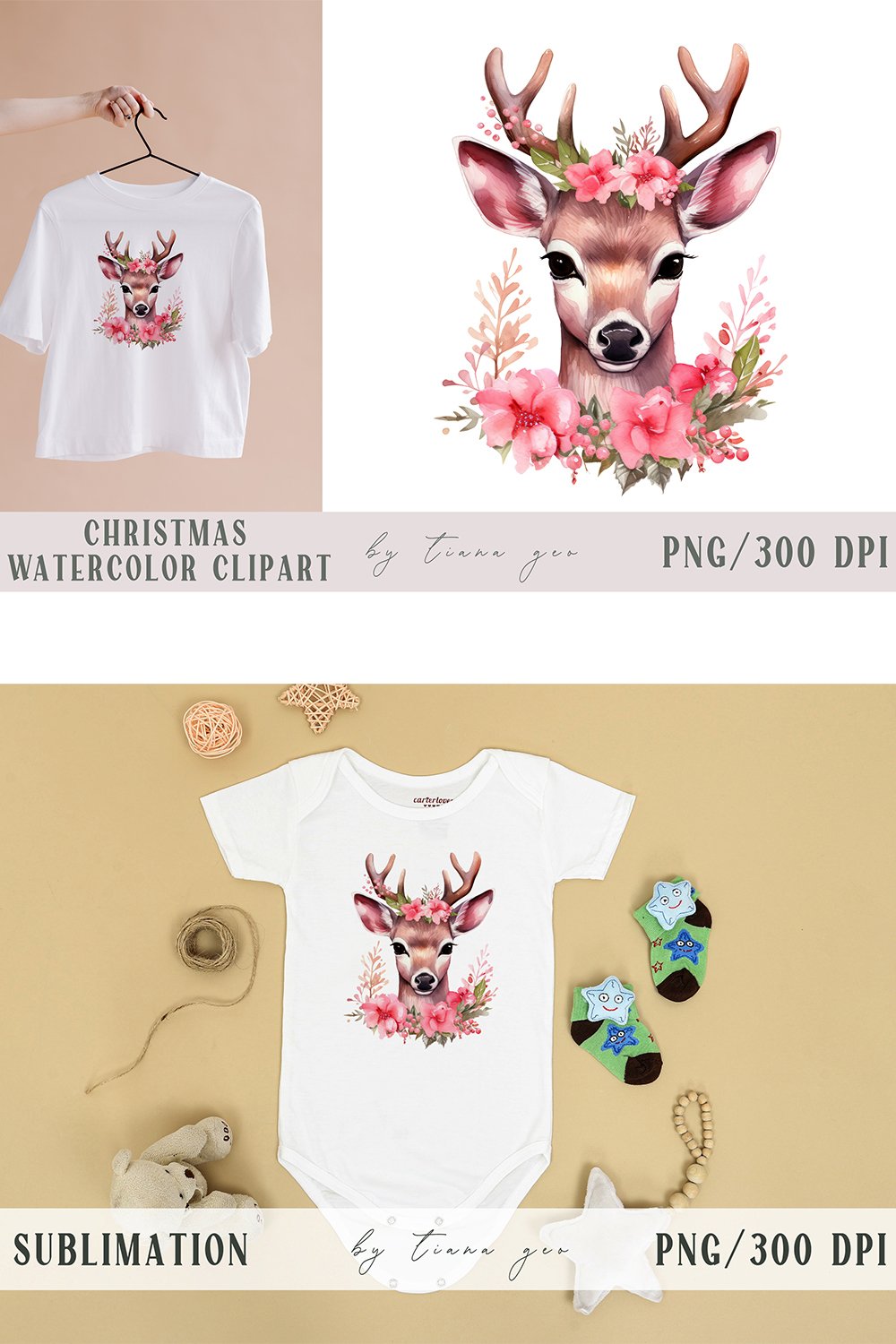 Cute watercolor Christmas reindeer baby clipart sublimation
