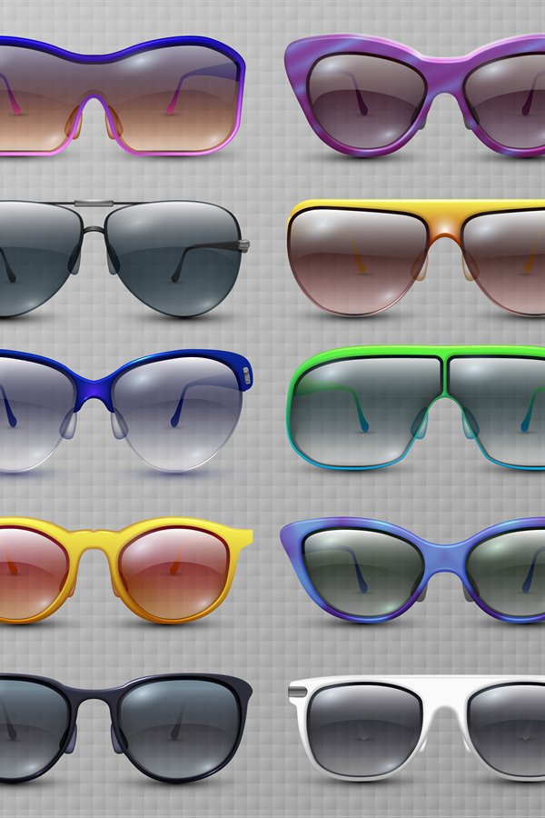 Realistic fashion sunglasses and glasses isolated vector set