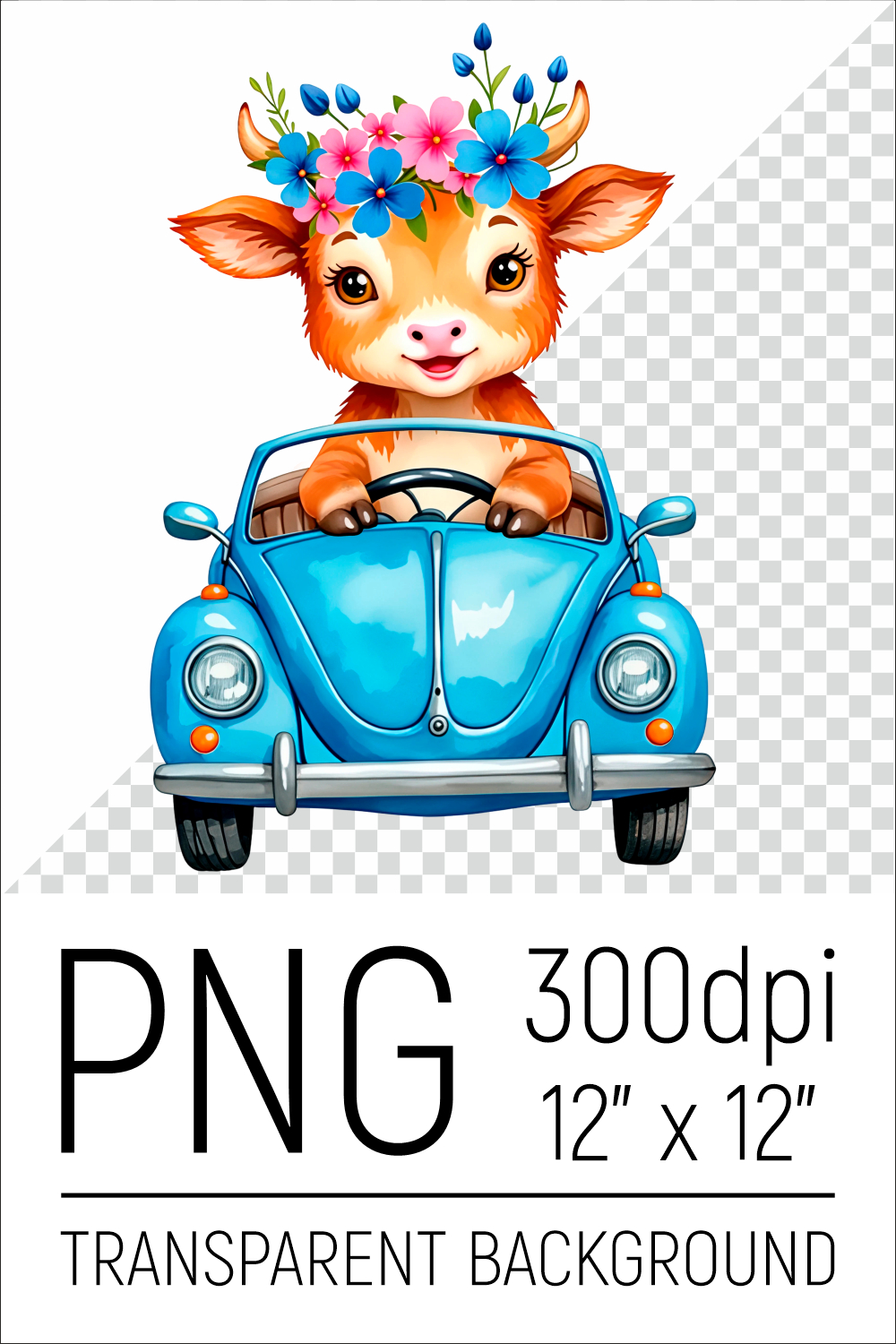Cute Cow driving a vintage blue car