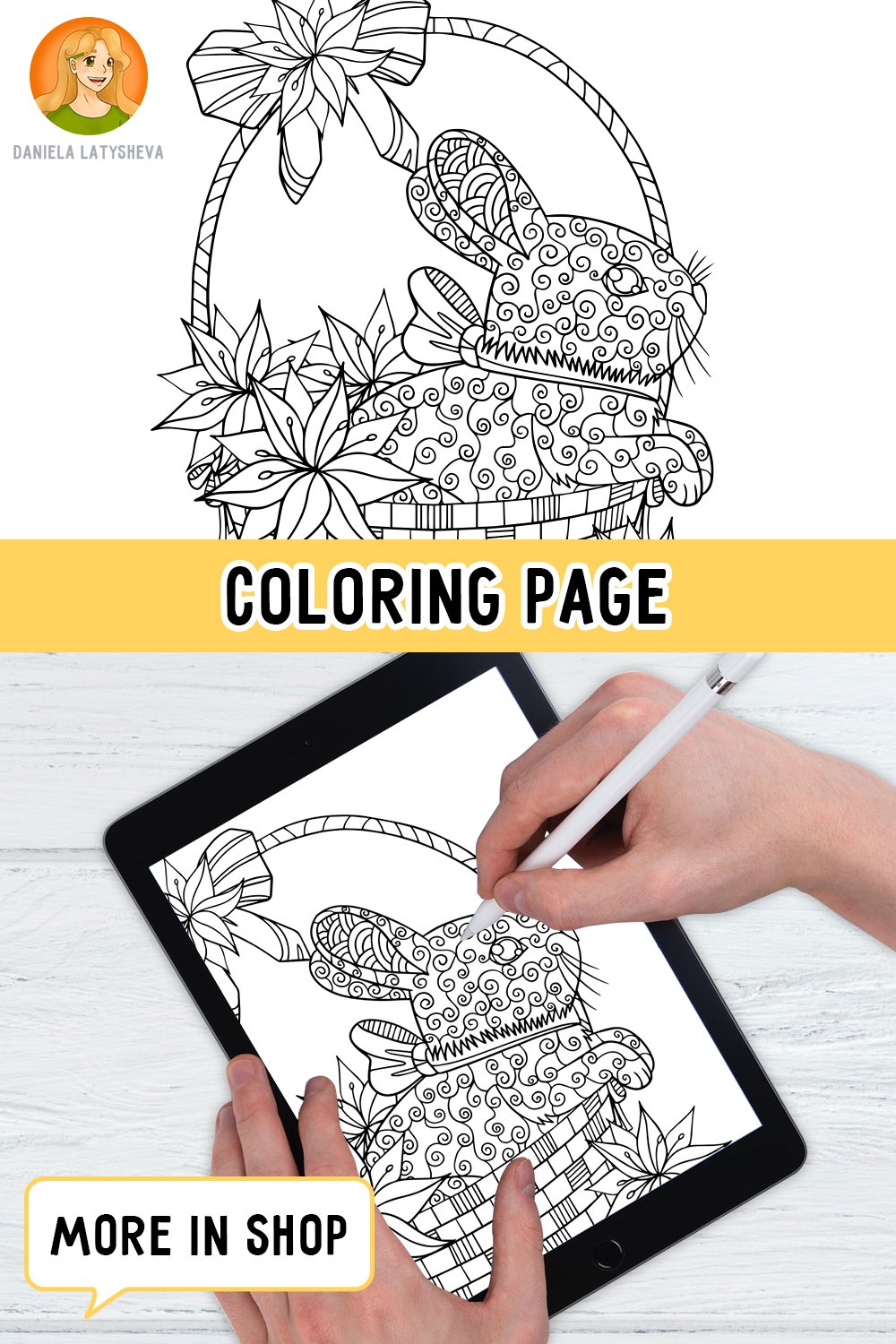 Coloring book page Bunny in basket with doodle elements PNG