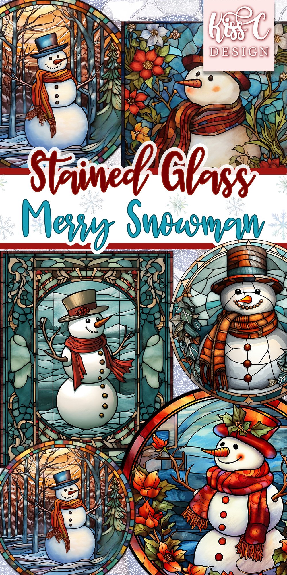 Snowman Stained Glass Merry Christmas Illustration Clipart.