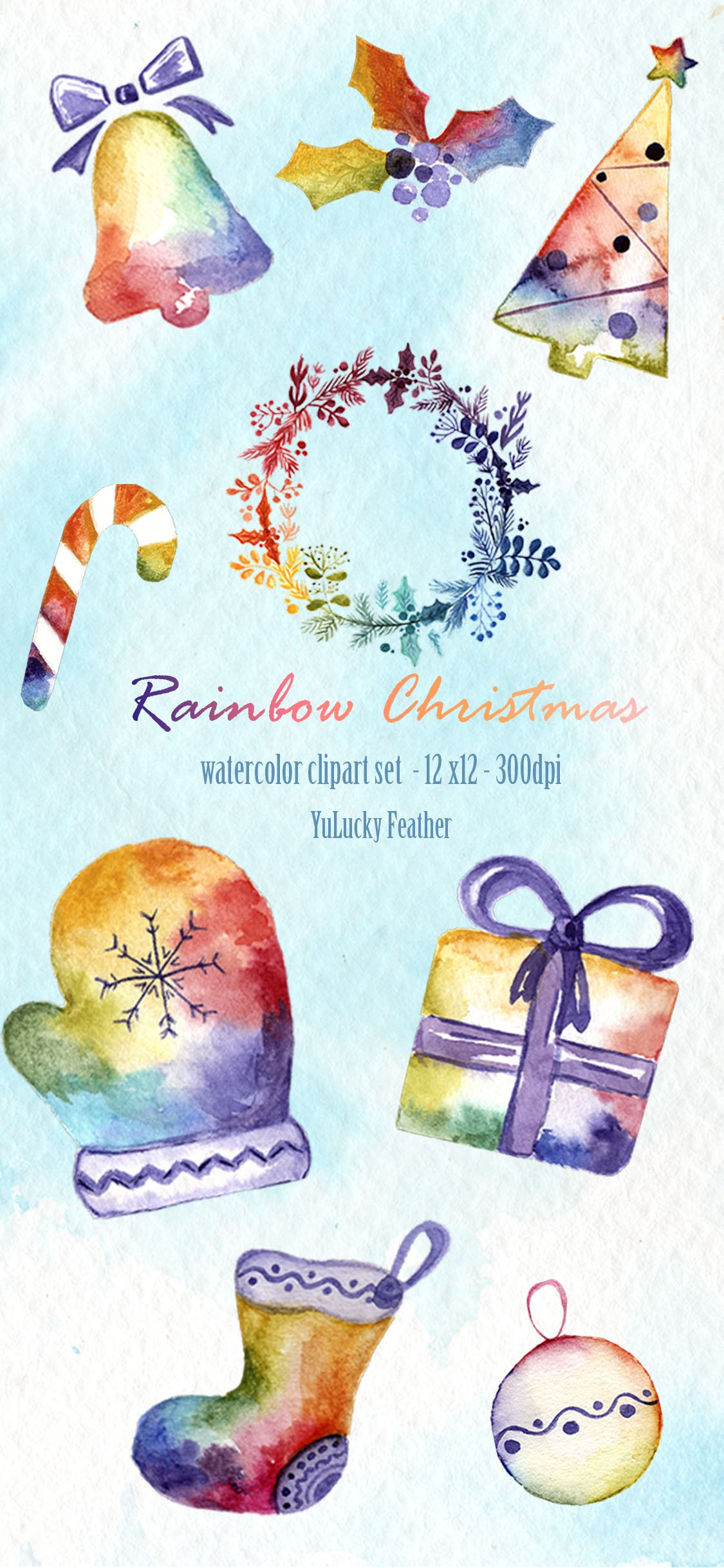 Rainbow Christmas Watercolor Clipart set