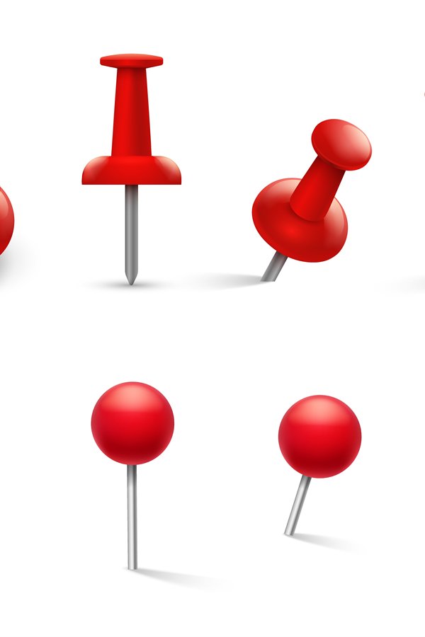 Red thumbtack. Push pins in different angles for attachment.