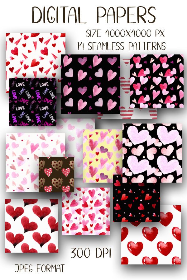 Watercolor Hearts Valentines day digital papers (1770384)