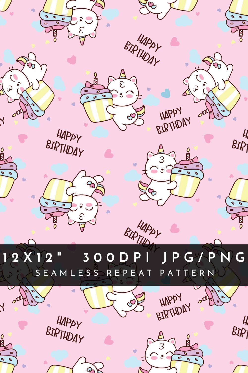 Birthday Cat Digital Paper Happy Birthday Seamless Pattern