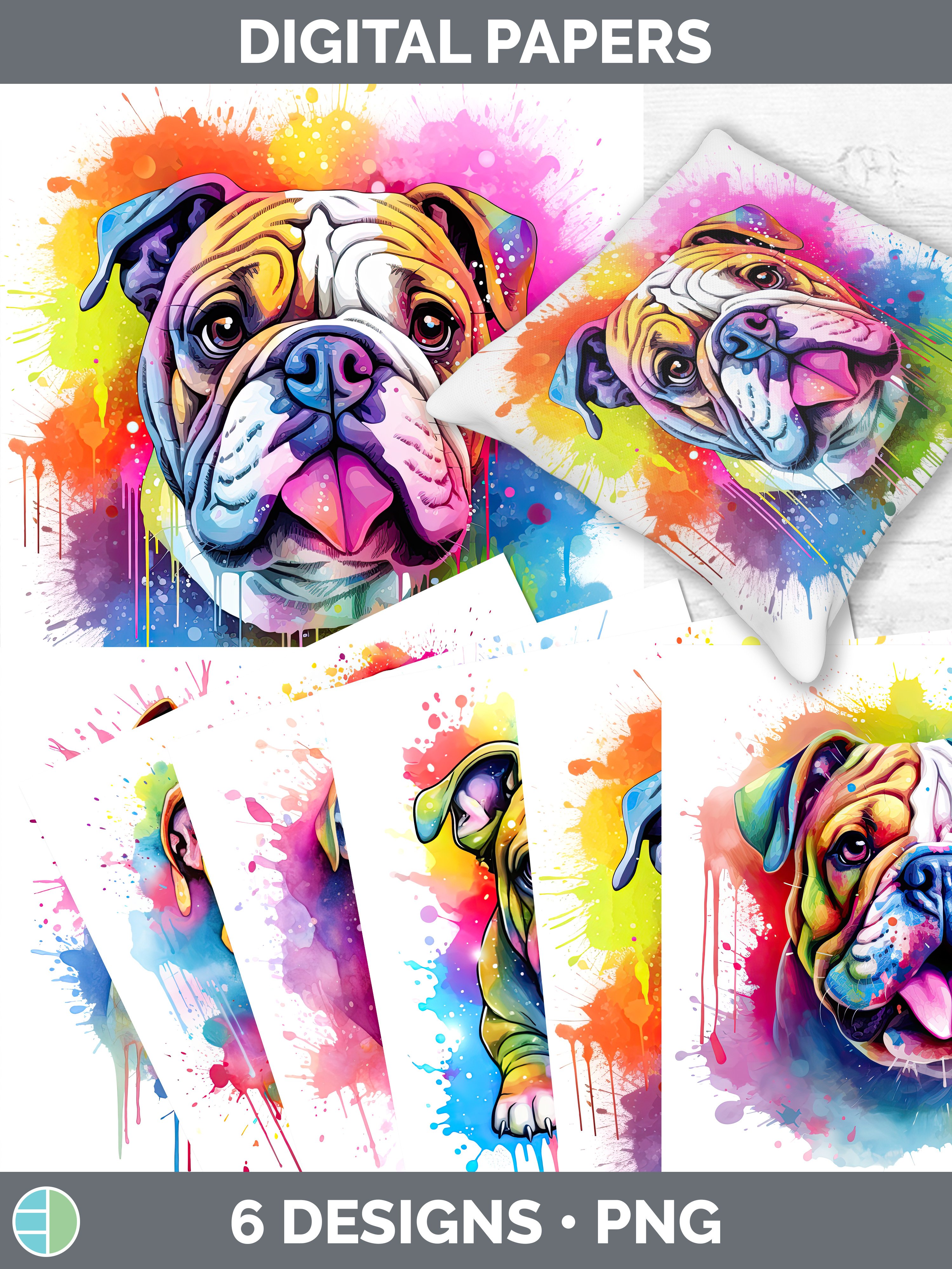 Splat Rainbow Bulldog Dog Paper Backgrounds | Digital Scrapb
