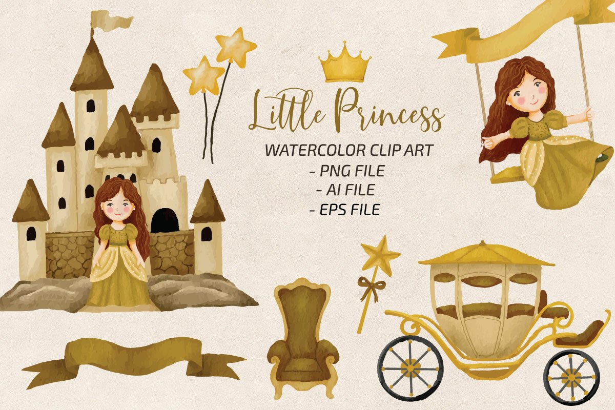 Little Princess Watercolor Clipart Set Gold PNG