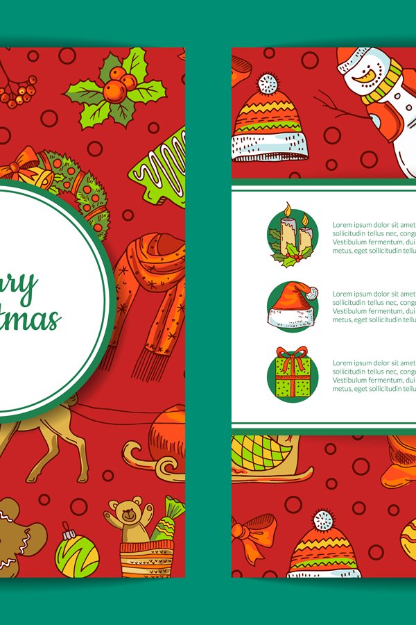 Vector xmas tree, gifts and bells card template with frames,