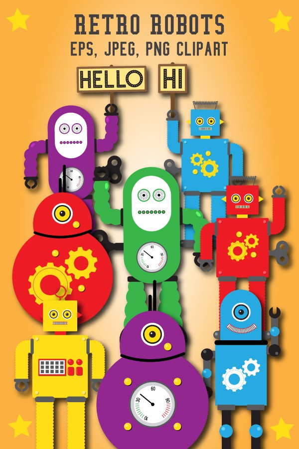 Retro Robots Kids Graphic Illustrations Clipart Bundle