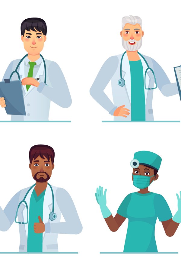 Cartoon medical workers. Doctor portrait, medical student an